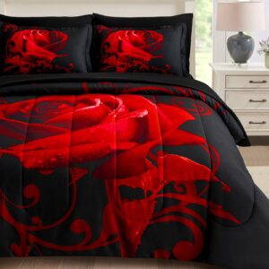 wongs bedding red comforter set king, reversible red rose 7 pieces bed in a bag, lightweight soft microfiber bedding sets with comforter, flat sheet, fitted sheet, pillowcases & shams