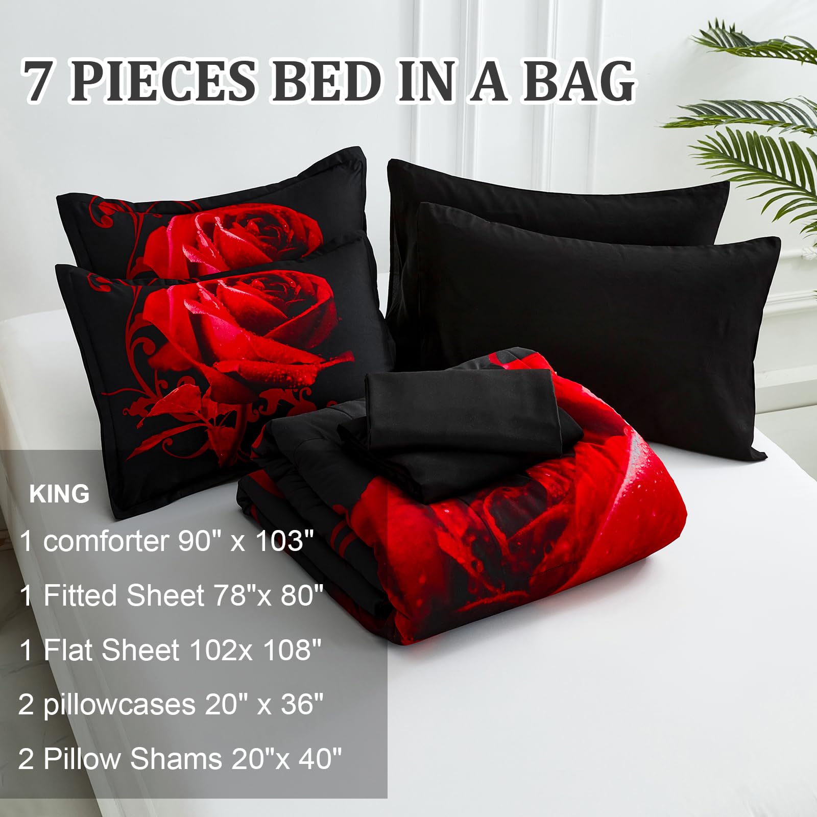 WONGS BEDDING Red Comforter Set King, Reversible Red Rose 7 Pieces Bed in a Bag, Lightweight Soft Microfiber Bedding Sets with Comforter, Flat Sheet, Fitted Sheet, Pillowcases & Shams