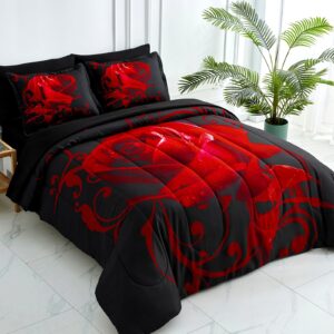 WONGS BEDDING Red Comforter Set King, Reversible Red Rose 7 Pieces Bed in a Bag, Lightweight Soft Microfiber Bedding Sets with Comforter, Flat Sheet, Fitted Sheet, Pillowcases & Shams