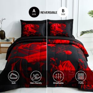 WONGS BEDDING Red Comforter Set King, Reversible Red Rose 7 Pieces Bed in a Bag, Lightweight Soft Microfiber Bedding Sets with Comforter, Flat Sheet, Fitted Sheet, Pillowcases & Shams