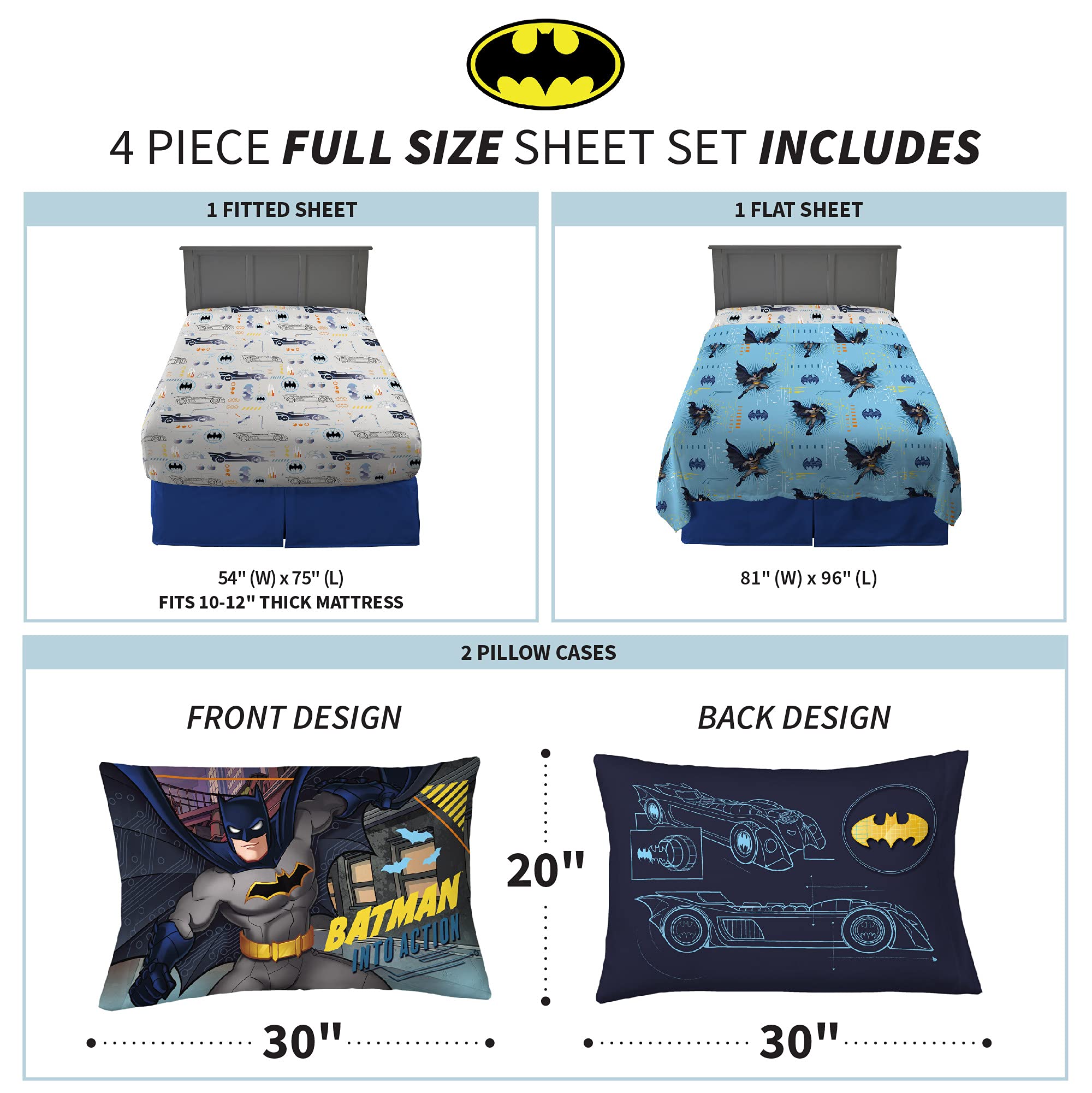 Franco Kids Bedding Super Soft Microfiber Sheet Set, Full, Batman