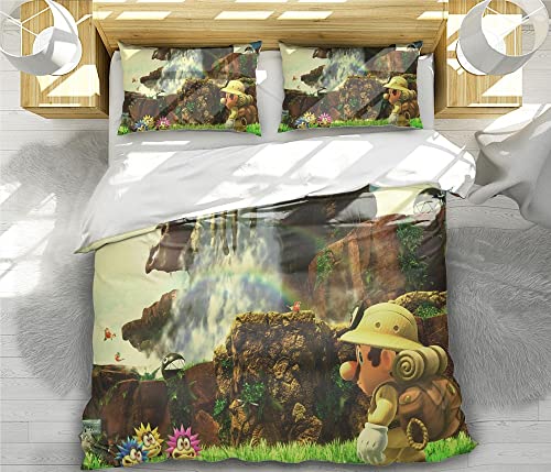 NICHIYOBI Redcap Beard Plumber Bros Game Movie Duvet Cover Set 3D Bedding Comforter Cover 3 Pcs (1 Duvet Cover+2 Pillowcases) Bedding Set (02,Full-80x90in+20x30in*2)