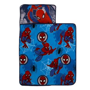 disney marvel spiderman wall crawler red, white, and blue spider webs preschool toddler nap mat