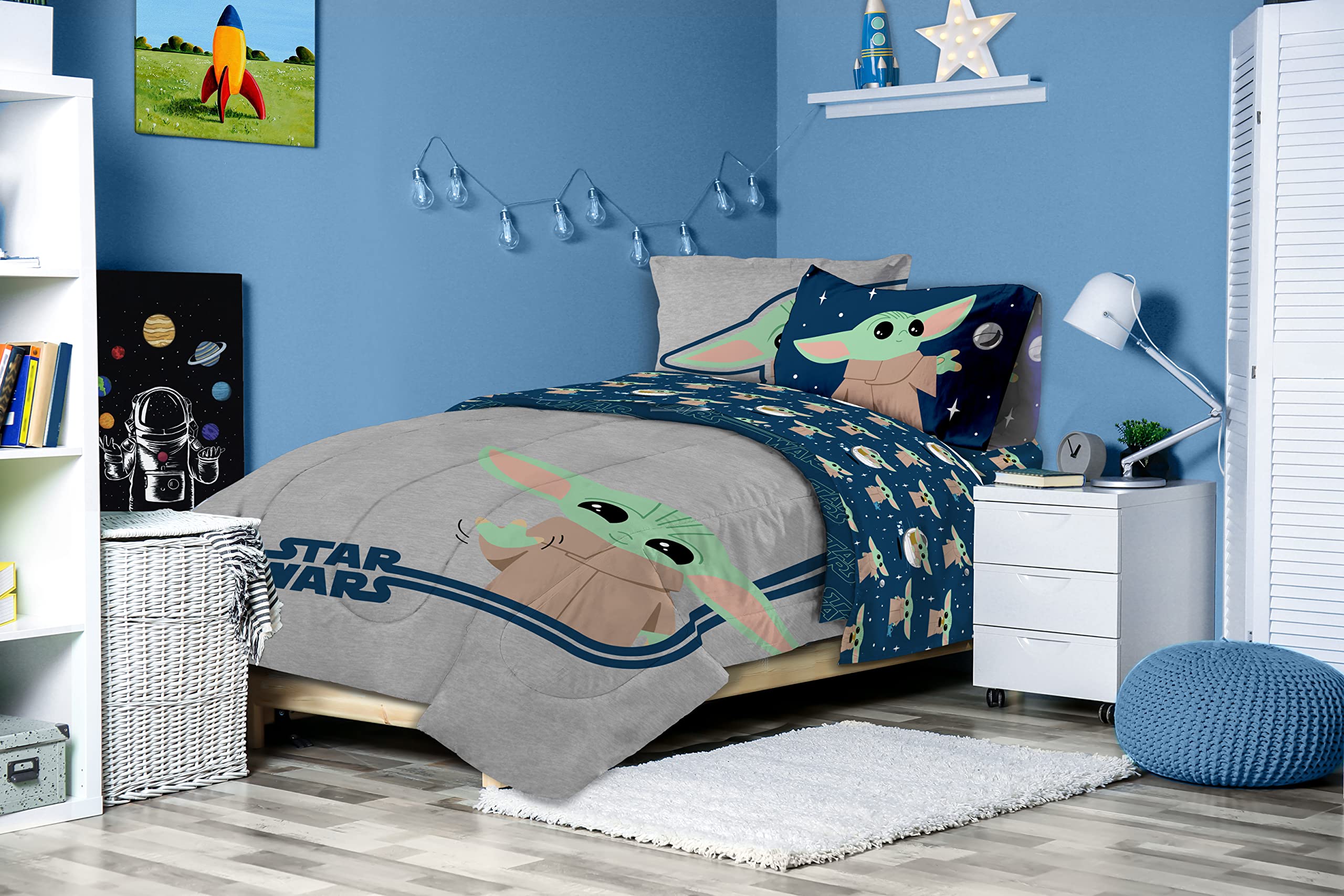 Jay Franco Star Wars The Mandalorian Hello Grogu 7 Piece Full Size Bed Set - Includes Comforter & Sheet Set - Super Soft Kids Bedding Fade Resistant Microfiber (Official Star Wars Product)