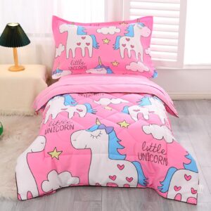 wowelife toddler bedding sets for girls 4 piece unicorn toddler bed set with comforter, flat sheet, fitted sheet and pillowcase (pink unicorn)