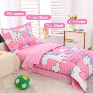 Wowelife Toddler Bedding Sets for Girls 4 Piece Unicorn Toddler Bed Set with Comforter, Flat Sheet, Fitted Sheet and Pillowcase (Pink Unicorn)