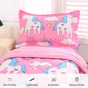 Wowelife Toddler Bedding Sets for Girls 4 Piece Unicorn Toddler Bed Set with Comforter, Flat Sheet, Fitted Sheet and Pillowcase (Pink Unicorn)