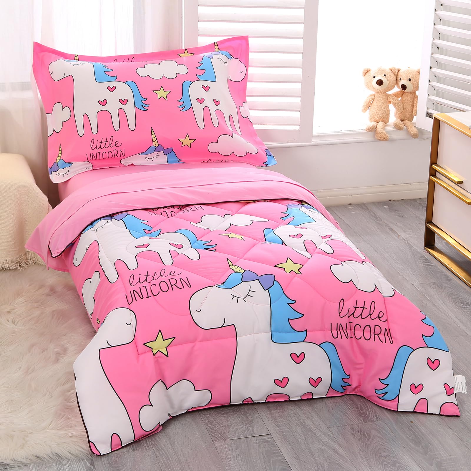 Wowelife Toddler Bedding Sets for Girls 4 Piece Unicorn Toddler Bed Set with Comforter, Flat Sheet, Fitted Sheet and Pillowcase (Pink Unicorn)