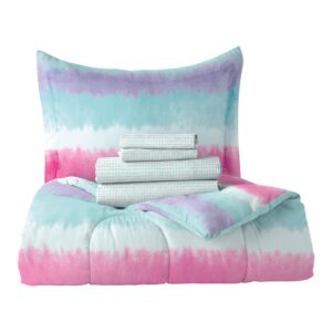 dream FACTORY Kids 7-Piece Complete Set Easy-Wash Super Soft Microfiber Comforter Bedding, Full, Purple Multi Tie Dye Stripe