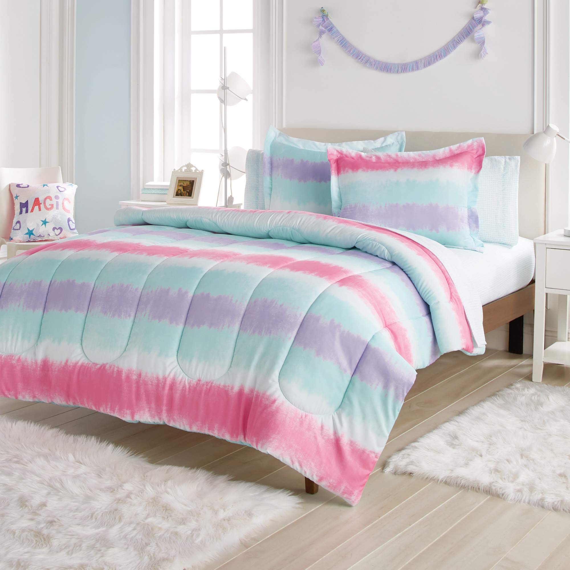 dream FACTORY Kids 7-Piece Complete Set Easy-Wash Super Soft Microfiber Comforter Bedding, Full, Purple Multi Tie Dye Stripe