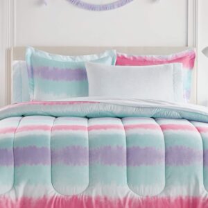 dream FACTORY Kids 7-Piece Complete Set Easy-Wash Super Soft Microfiber Comforter Bedding, Full, Purple Multi Tie Dye Stripe