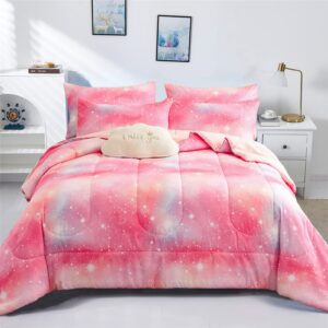 pink ombre glitter galaxy comforter set twin size for girls, sparkle constellation starry sky comforter for kids teen, 2 piece soft microfiber bedding sets with 1 pillow case for all season(pink,twin)