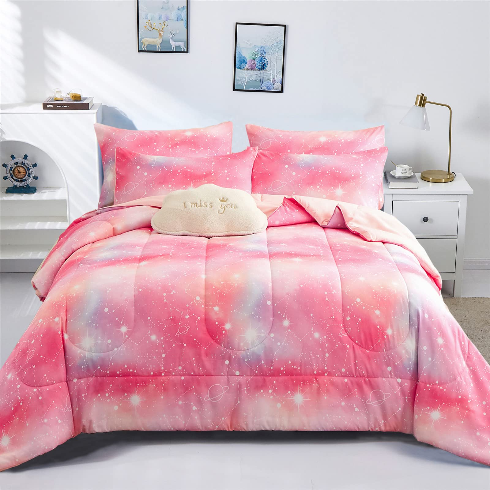 Pink Ombre Glitter Galaxy Comforter Set Twin Size for Girls, Sparkle Constellation Starry Sky Comforter for Kids Teen, 2 Piece Soft Microfiber Bedding Sets with 1 Pillow Case for All Season(Pink,Twin)