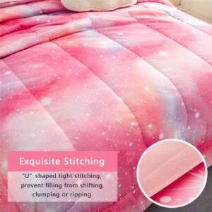 Pink Ombre Glitter Galaxy Comforter Set Twin Size for Girls, Sparkle Constellation Starry Sky Comforter for Kids Teen, 2 Piece Soft Microfiber Bedding Sets with 1 Pillow Case for All Season(Pink,Twin)