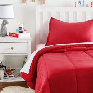 amazon basics 2 piece easy wash microfiber kid's comforter and pillow sham set, twin, red, solid