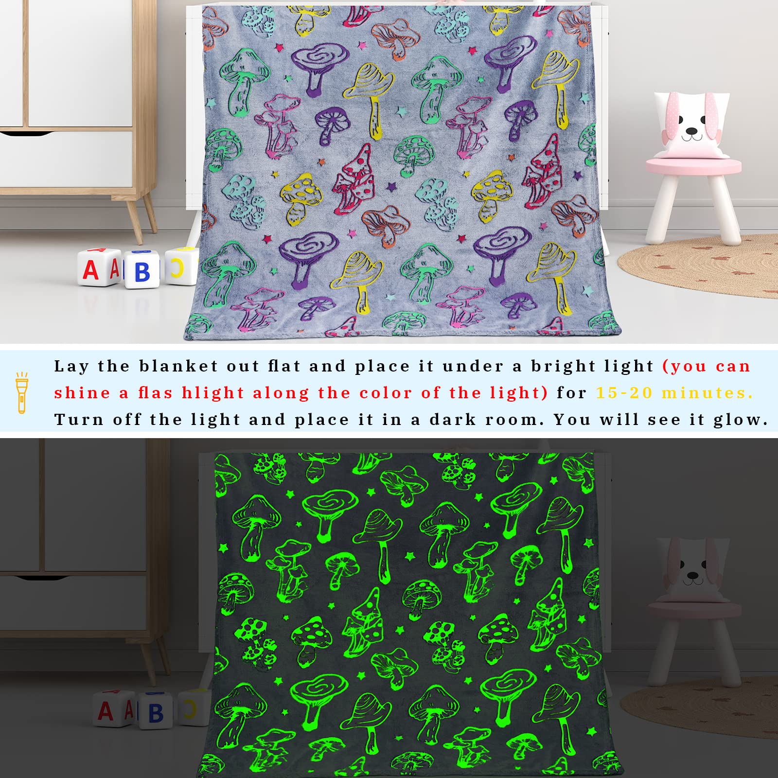 Glow in The Dark Blanket Mushroom Blanket for Kids Adults Soft Flannel Throw Blankets Colorful Luminous Mushroom Blankets for Sofa Couch Living Room Bed Birthday Gifts