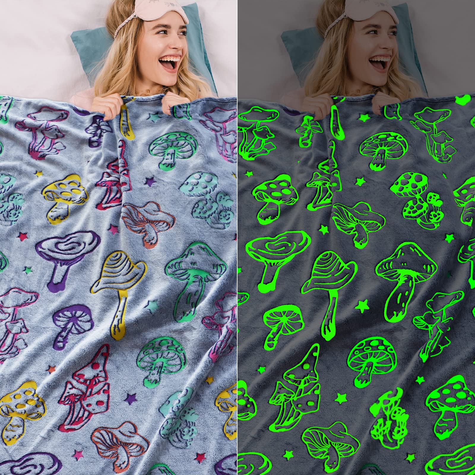 Glow in The Dark Blanket Mushroom Blanket for Kids Adults Soft Flannel Throw Blankets Colorful Luminous Mushroom Blankets for Sofa Couch Living Room Bed Birthday Gifts