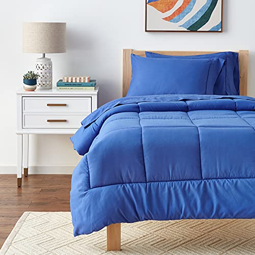 Sweet Home Collection 5 Piece Comforter Set Bag Solid Color All Season Soft Down Alternative Blanket & Luxurious Microfiber Bed Sheets, Royal Blue, Twin