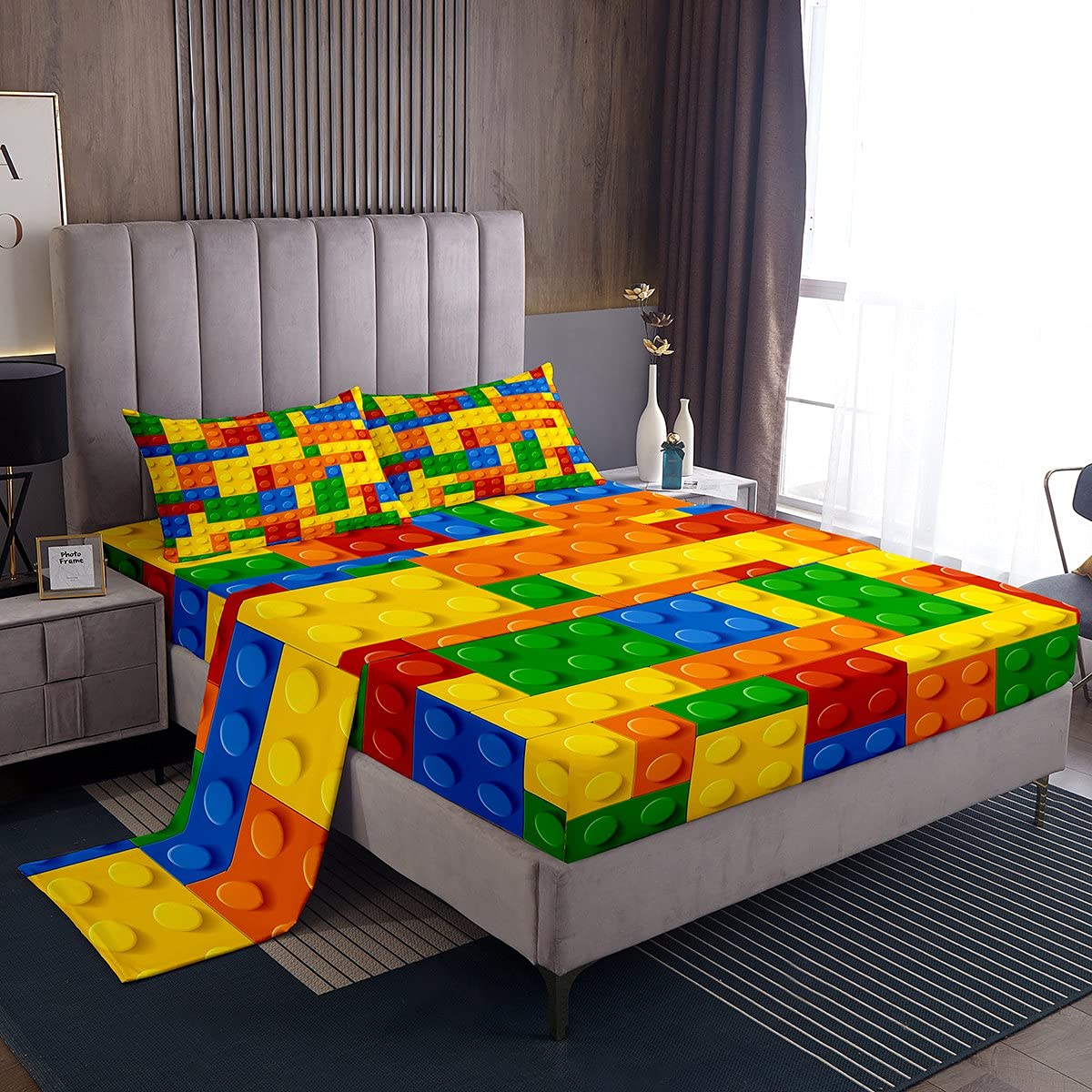 Kids Games Bed Sheet Set Full Size Color Building Blocks Sheet Set Toy Brick Sheets for Boys Girls Bedroom Nursery Bedding Set with Flat Sheet Fitted Sheet Pillowcase 4Pcs