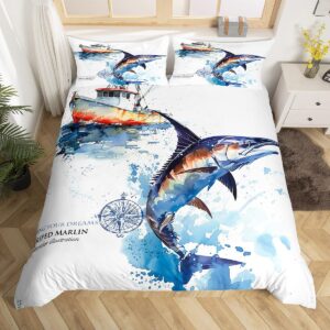 marlin swordfish comforter cover tie dye duvet cover sets hunting and fishing bedding set for kids boys girls sea fishing boat marine life nautical quilt cover with 2 pillow cases queen size blue