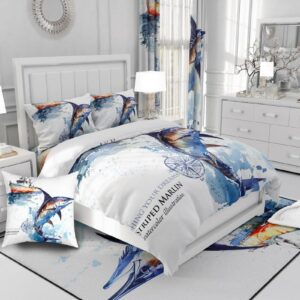 Marlin Swordfish Comforter Cover Tie Dye Duvet Cover Sets Hunting And Fishing Bedding Set For Kids Boys Girls Sea Fishing Boat Marine life Nautical Quilt Cover With 2 Pillow Cases Queen Size Blue