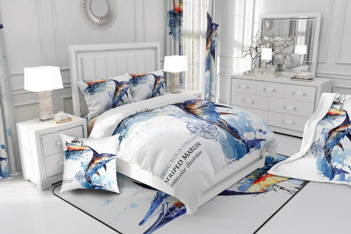 Marlin Swordfish Comforter Cover Tie Dye Duvet Cover Sets Hunting And Fishing Bedding Set For Kids Boys Girls Sea Fishing Boat Marine life Nautical Quilt Cover With 2 Pillow Cases Queen Size Blue