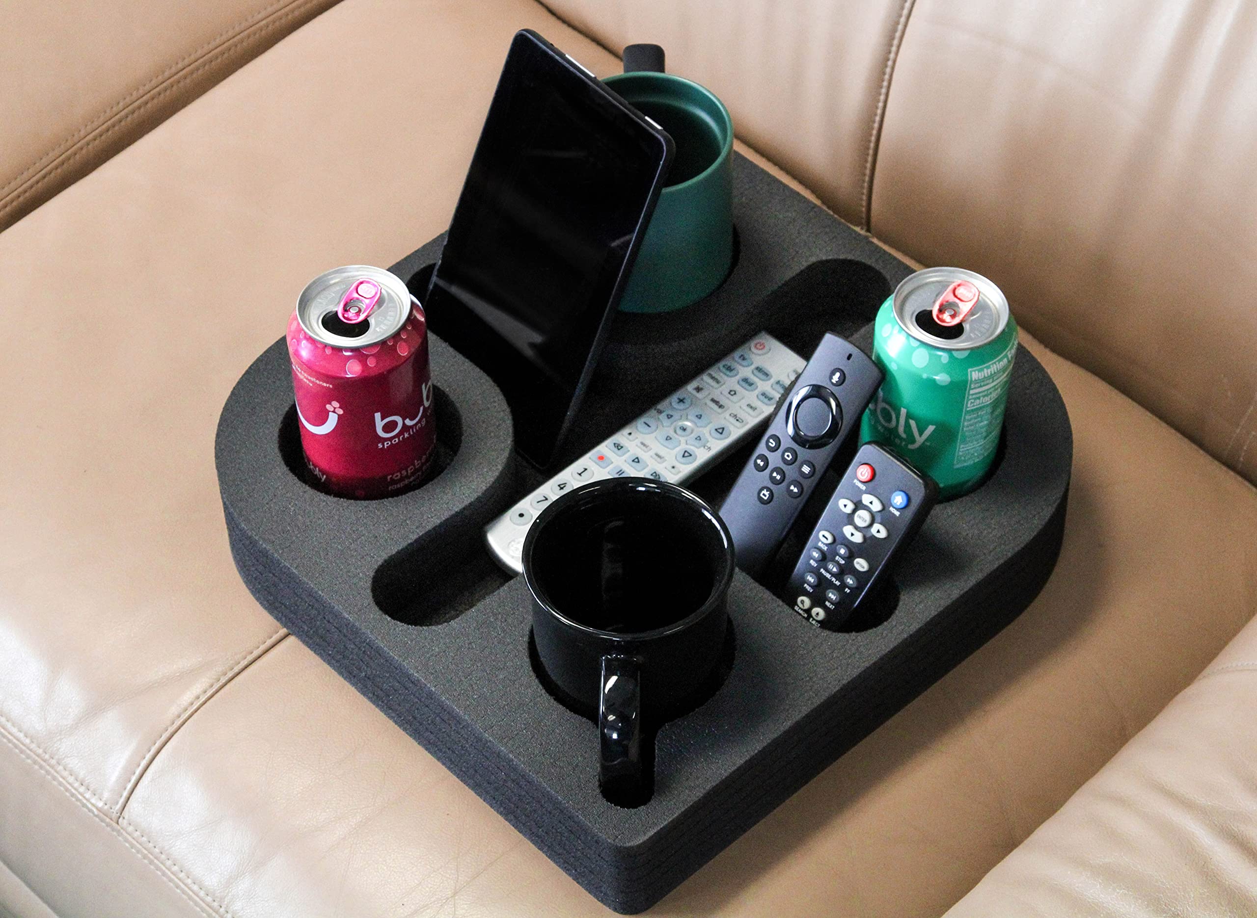 Polar Whale Couch Drink Holder Durable Black Foam Stylish Refreshment Tray for Sofa Bed Floor Car RV Lounge TV Room 5 Compartments 13.75 Inches Wide