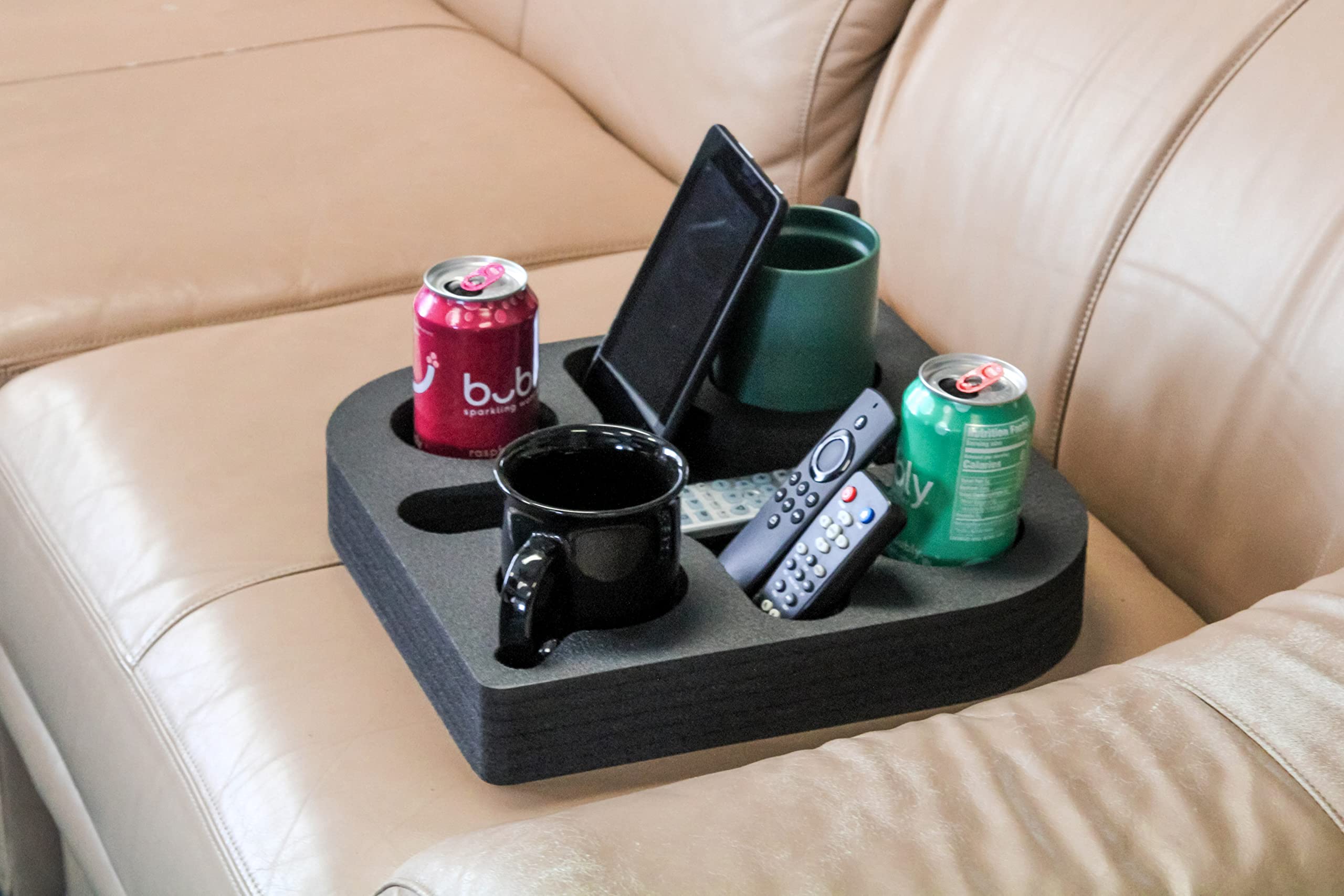 Polar Whale Couch Drink Holder Durable Black Foam Stylish Refreshment Tray for Sofa Bed Floor Car RV Lounge TV Room 5 Compartments 13.75 Inches Wide