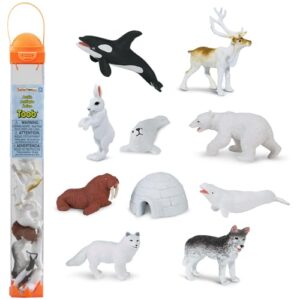 safari ltd arctic toob with 10 fun figurines, including a harp seal, husky, caribou, arctic rabbit, killer whale, walrus, arctic fox, beluga whale, igloo, and polar bear – for ages 3 and up