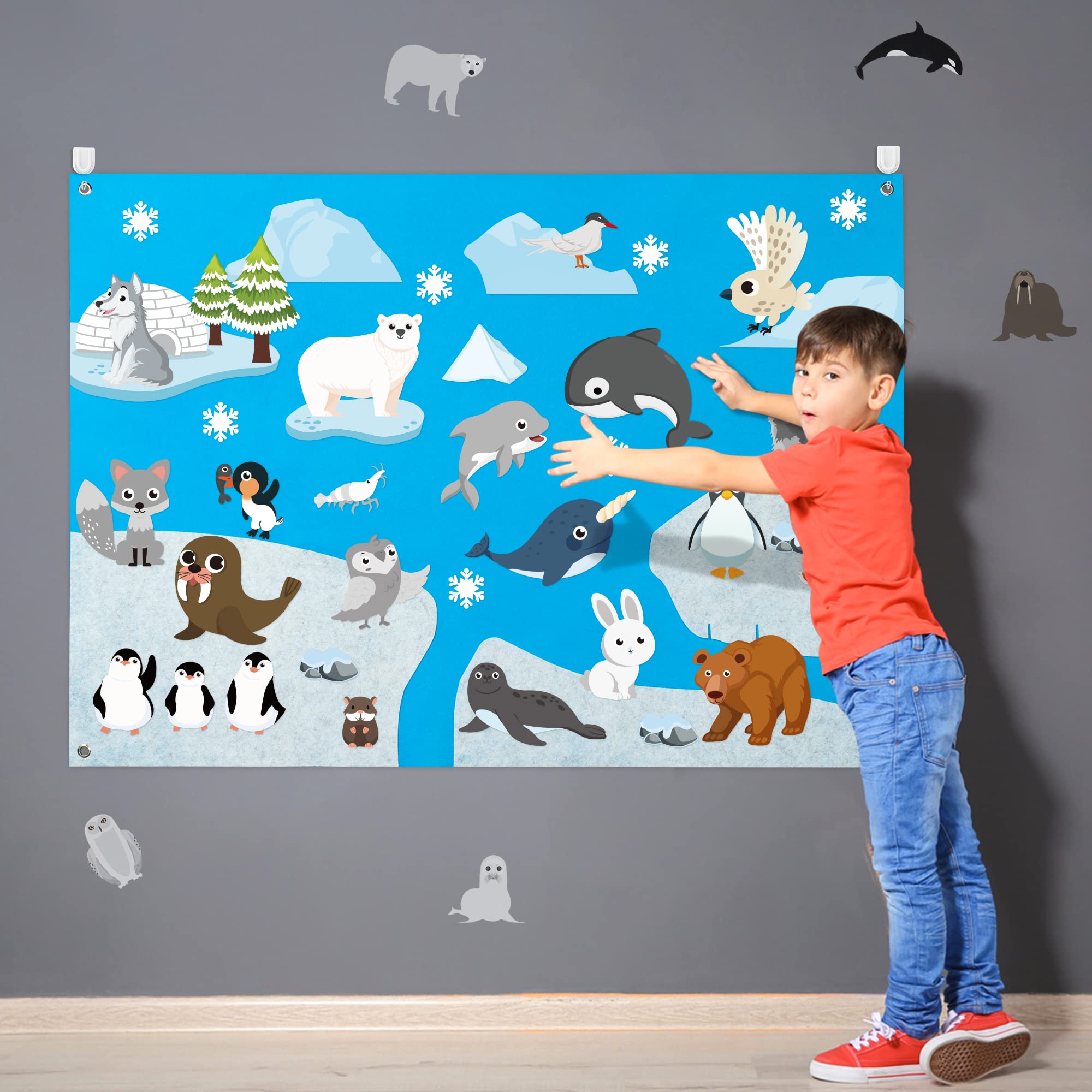 WATINC 46Pcs Polar Animals Felt Board Story Set Arctic Antarctica Ocean Animal Bear Penguin Whale Preschool Large Wall Storyboard Early Learning Play Kit Hanging Gift for Toddlers Kids 41 x 30 Inch