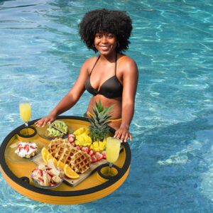 Polar Whale Floating Breakfast Table Serving Buffet Orange and Black Round Tray Drink Holders for Swimming Pool Beach Party Float Lounge Refreshment Durable Foam UV Resistant with Cup Holders 24 Inch