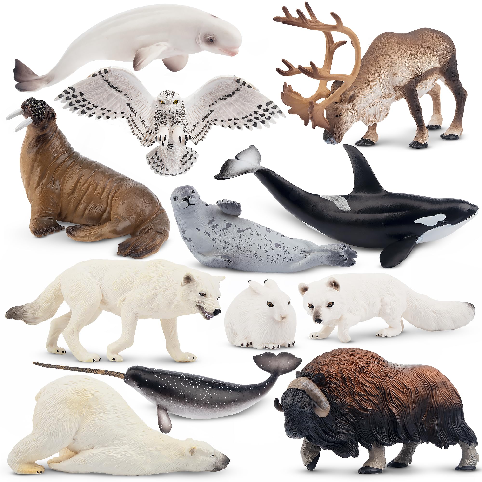 Toymany 12PCS 4-7" Large Polar Animals Figurines, Plastic Arctic Animal Toy Preschool Set Includes Polar Bear,Caribou,Whales,Walrus, Cake Toppers Christmas Birthday Toys Gift for Kids Toddlers