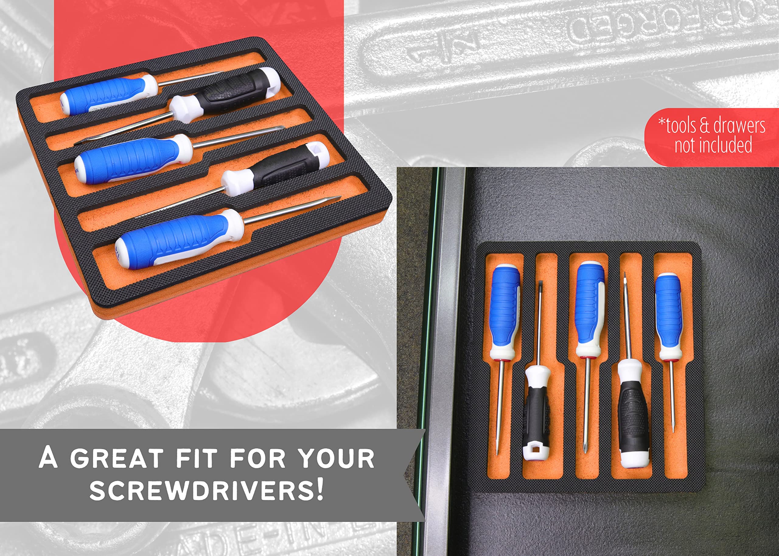 Polar Whale Tool Drawer Organizer Screwdriver Holder Insert Orange Black Durable Foam Tray Holds 5 Drivers Up To 10 Inches Fits Craftsman Husky Kobalt Milwaukee Many Others