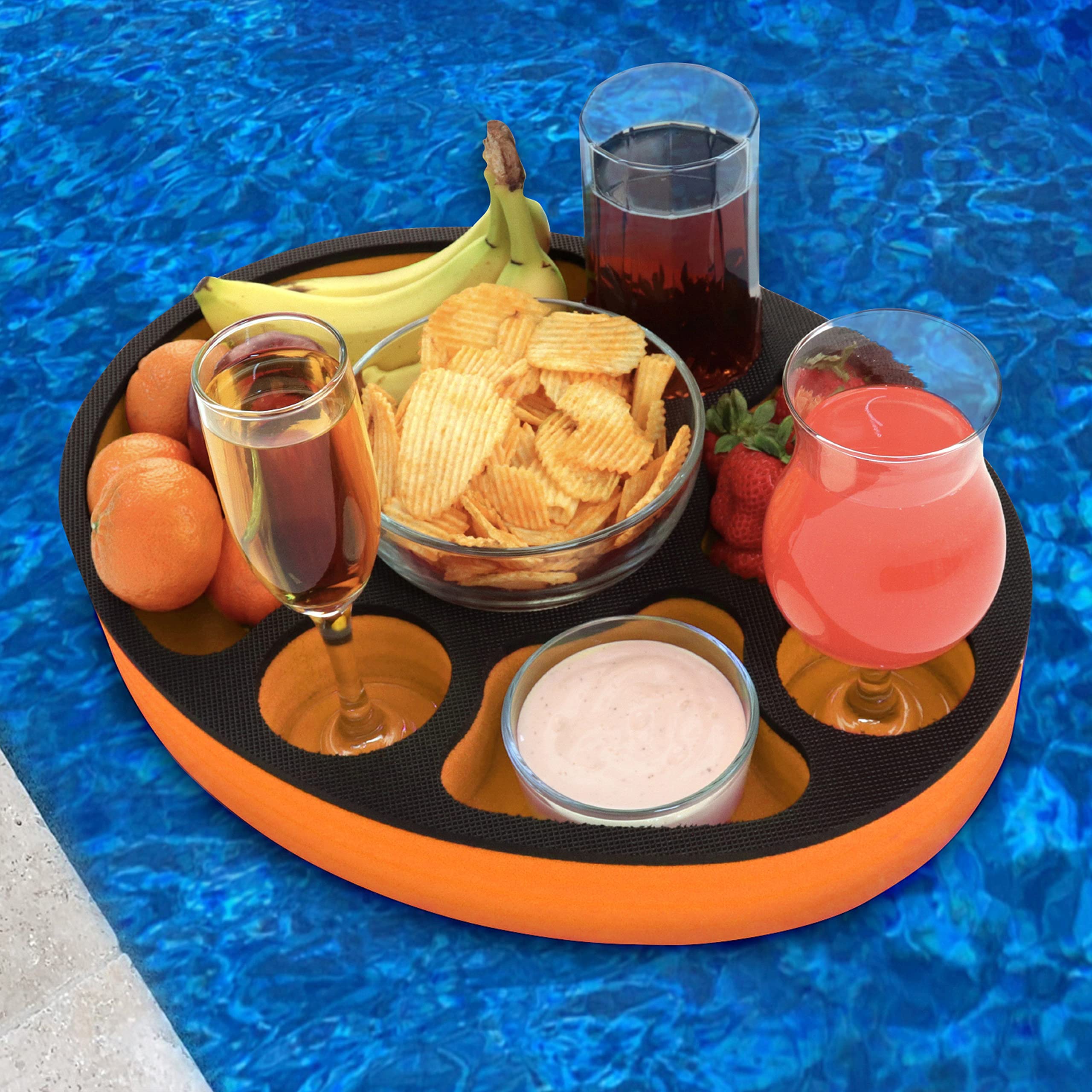 Polar Whale Floating Spa Hot Tub Bar Drink and Food Table Orange and Black Refreshment Tray for Pool or Beach Party Float Lounge Durable Foam 17 Inches Oval 7 Compartment