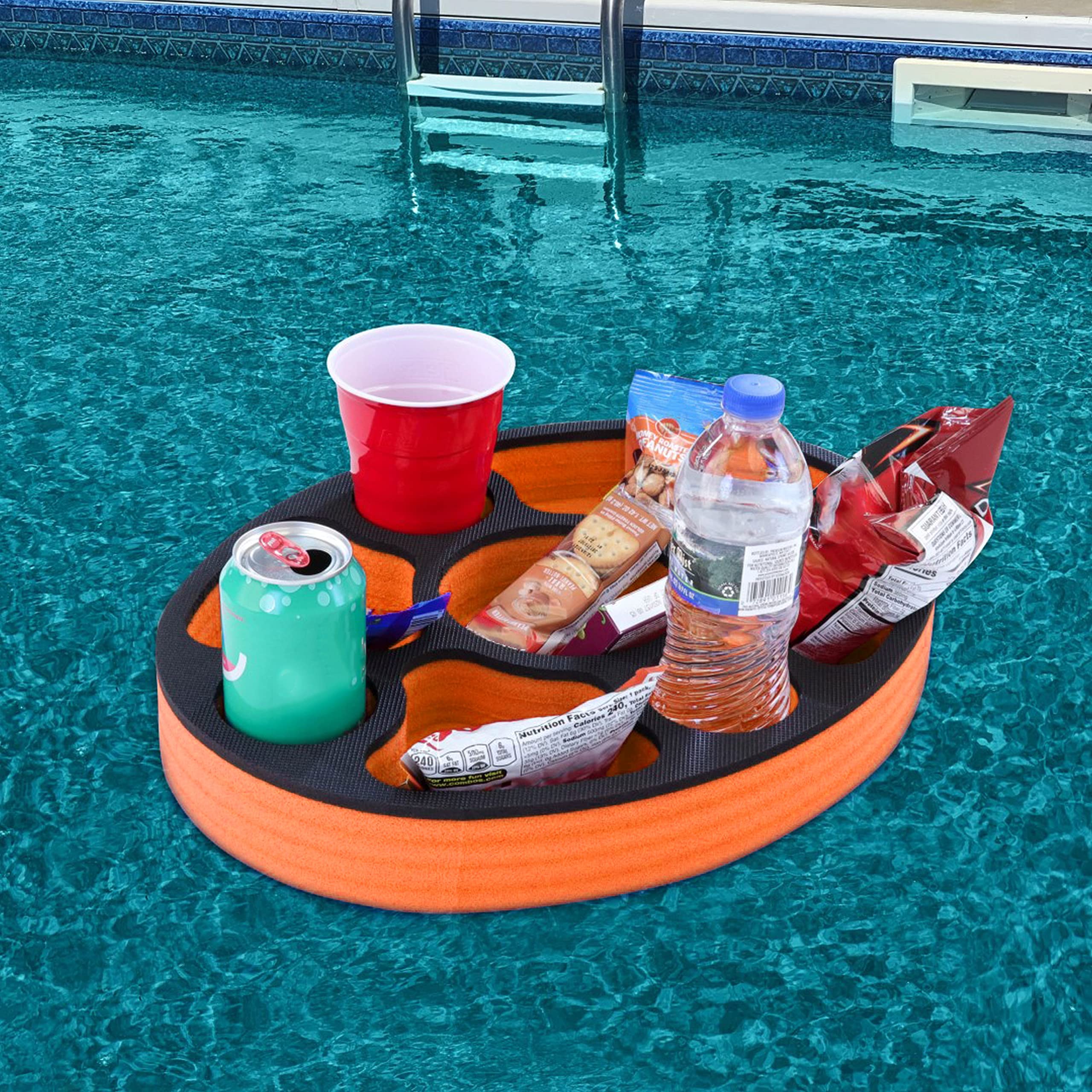 Polar Whale Floating Spa Hot Tub Bar Drink and Food Table Orange and Black Refreshment Tray for Pool or Beach Party Float Lounge Durable Foam 17 Inches Oval 7 Compartment