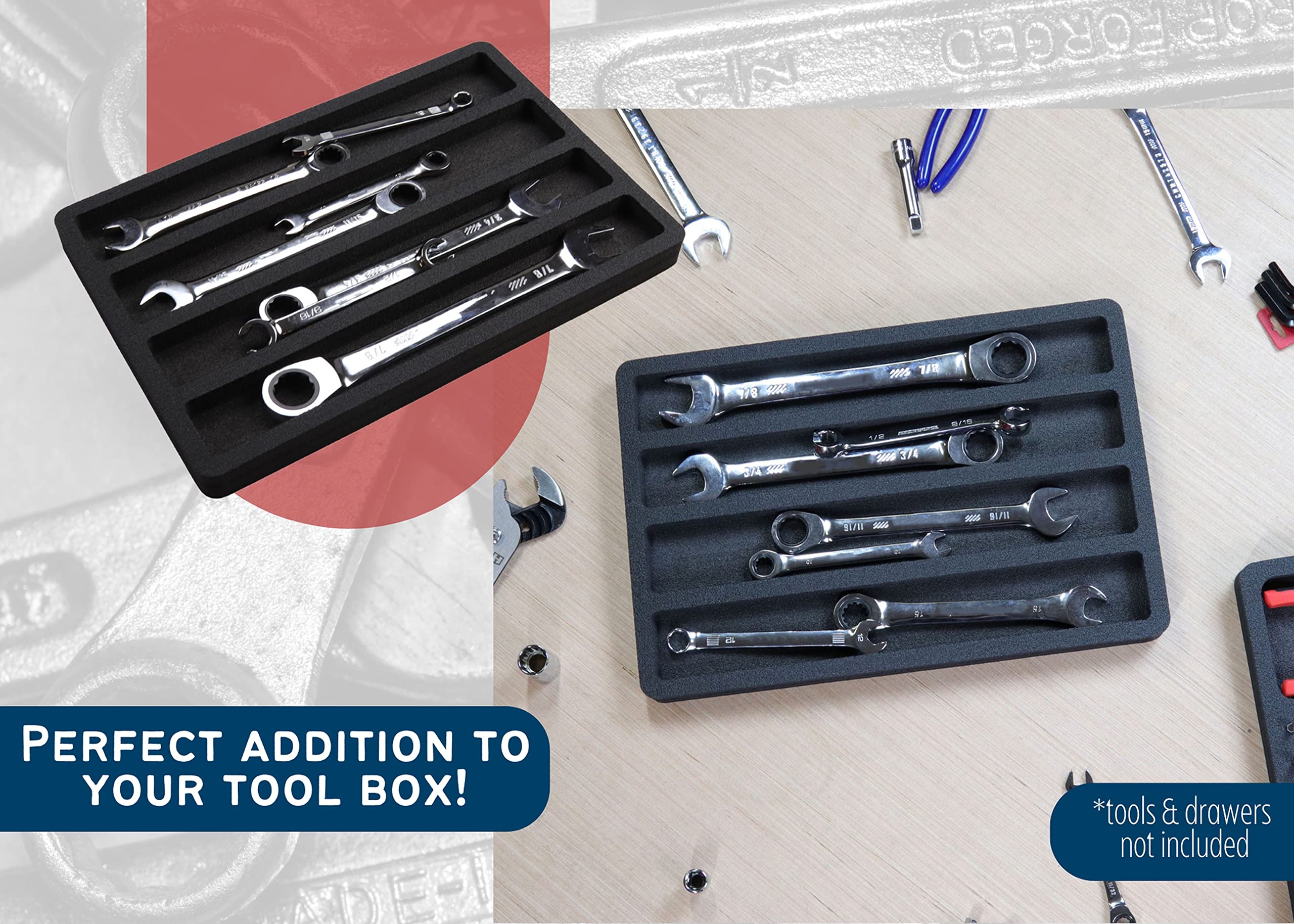 Polar Whale Tool Drawer Organizer 3-Piece Wrench Insert Set 4 Pockets Black Durable Foam Holds Many Tools 15 x 10 Inch Trays Fits Craftsman Husky Kobalt Milwaukee Many Others