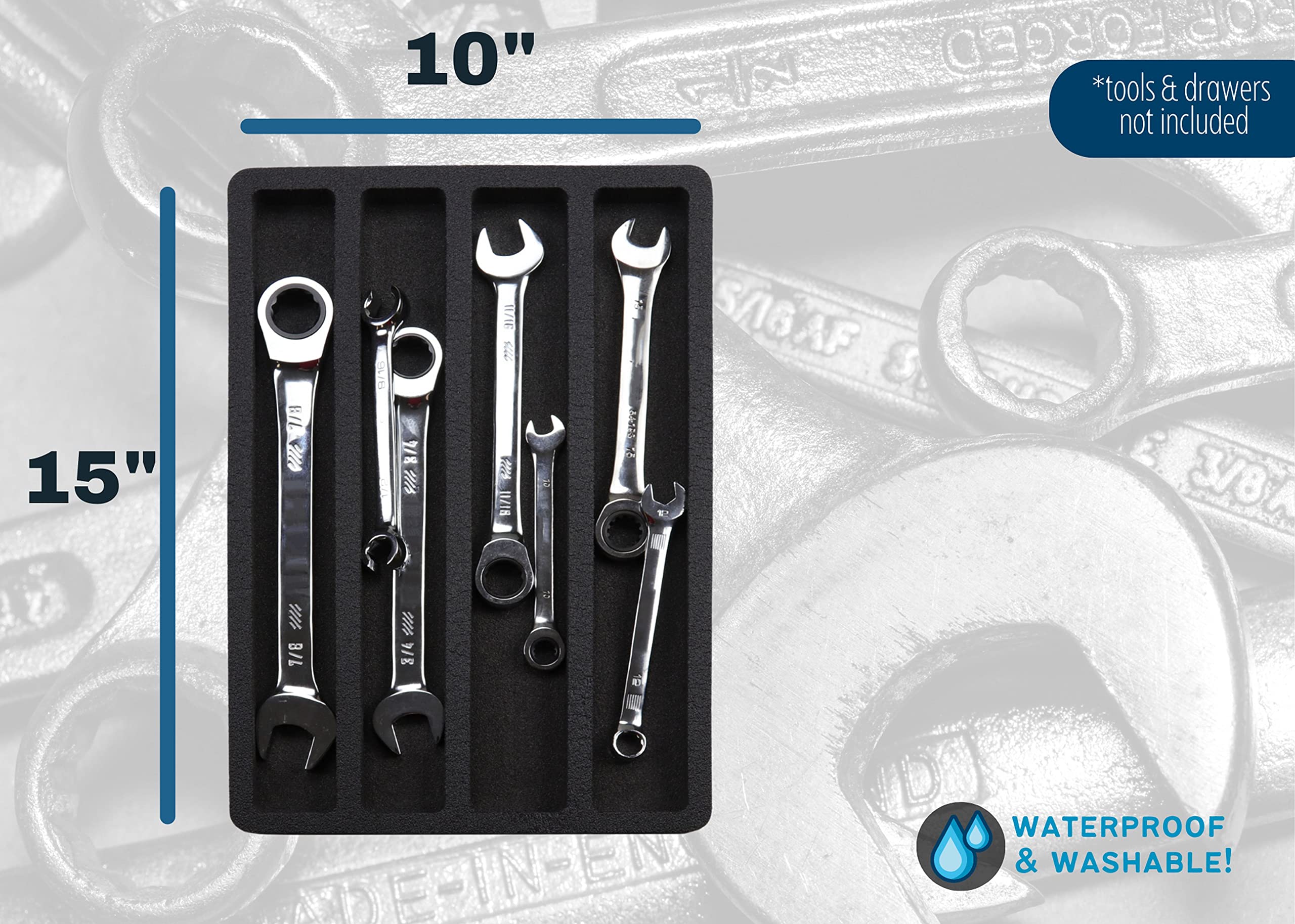 Polar Whale Tool Drawer Organizer 3-Piece Wrench Insert Set 4 Pockets Black Durable Foam Holds Many Tools 15 x 10 Inch Trays Fits Craftsman Husky Kobalt Milwaukee Many Others