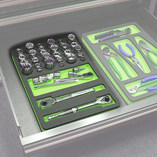 Polar Whale Tool Drawer Organizer Socket Holder Insert Green and Black Durable Foam Strong Tray 15 x 10 Inches Holds 30 Sockets and More Fits Craftsman Husky Kobalt Milwaukee and Many Others