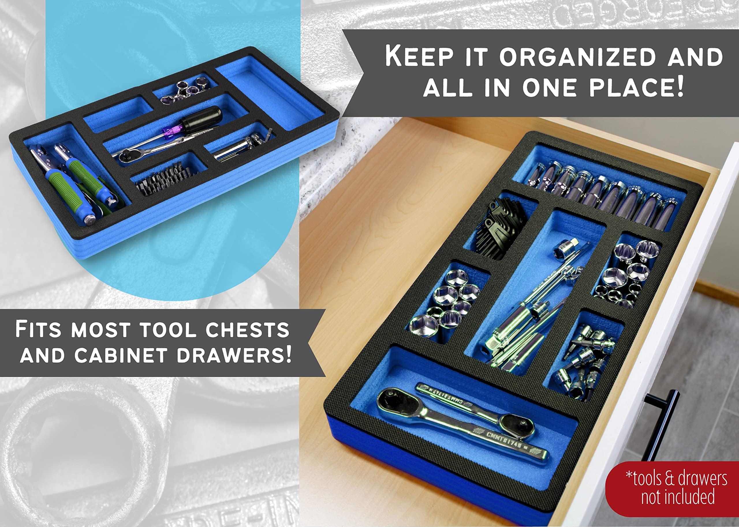 Polar Whale Tool Drawer Organizer Insert Blue and Black Durable Foam Strong Non-Slip Anti-Rattle Bin Holder Tray 20 x 10 Inches 7 Pockets Fits Craftsman Husky Kobalt Milwaukee and Many Others