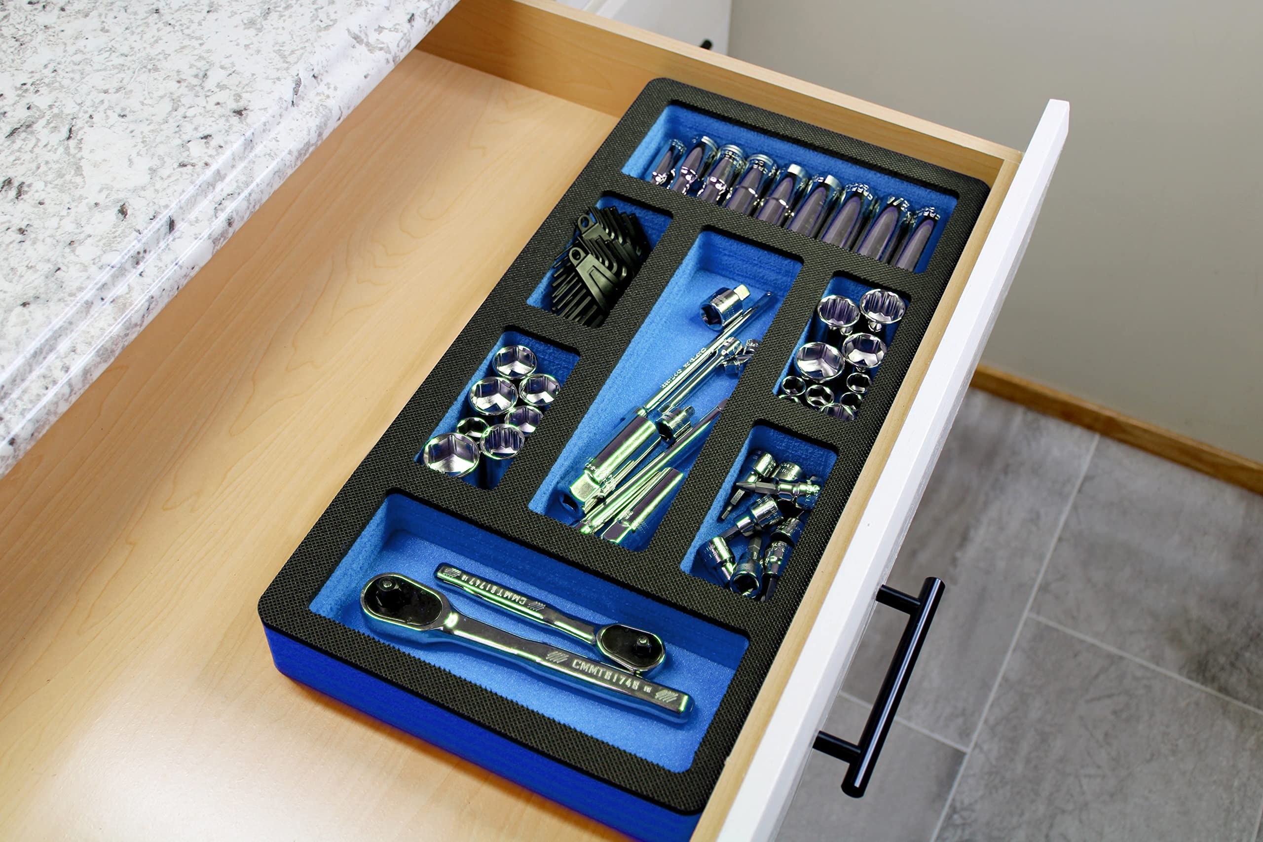 Polar Whale Tool Drawer Organizer Insert Blue and Black Durable Foam Strong Non-Slip Anti-Rattle Bin Holder Tray 20 x 10 Inches 7 Pockets Fits Craftsman Husky Kobalt Milwaukee and Many Others