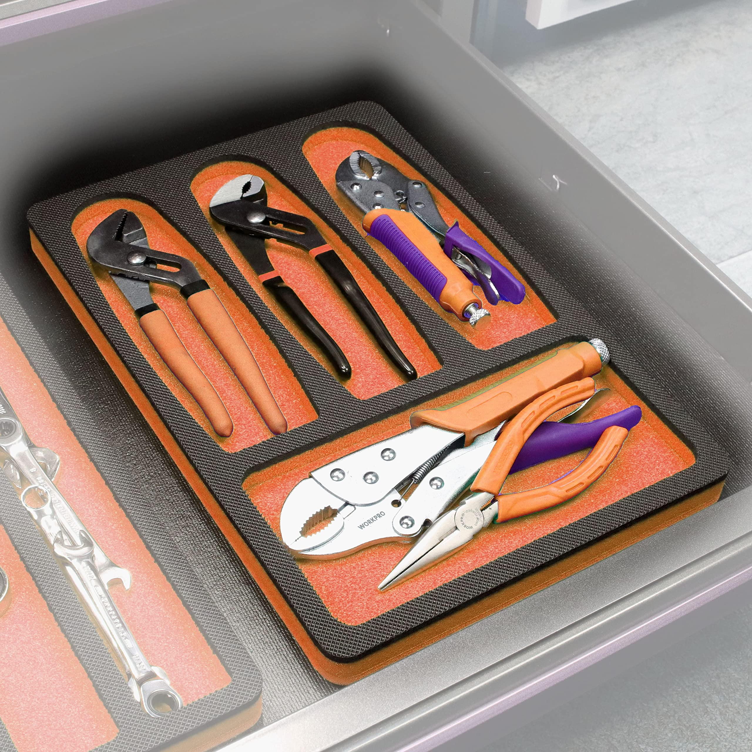 Polar Whale Tool Drawer Organizer Pliers Holder Insert Orange and Black Durable Foam Tray 15 x 10 Inches 4 Pockets Holds 3 Pliers Up To 9 Inches Long Fits Craftsman Husky Kobalt Milwaukee Many Others