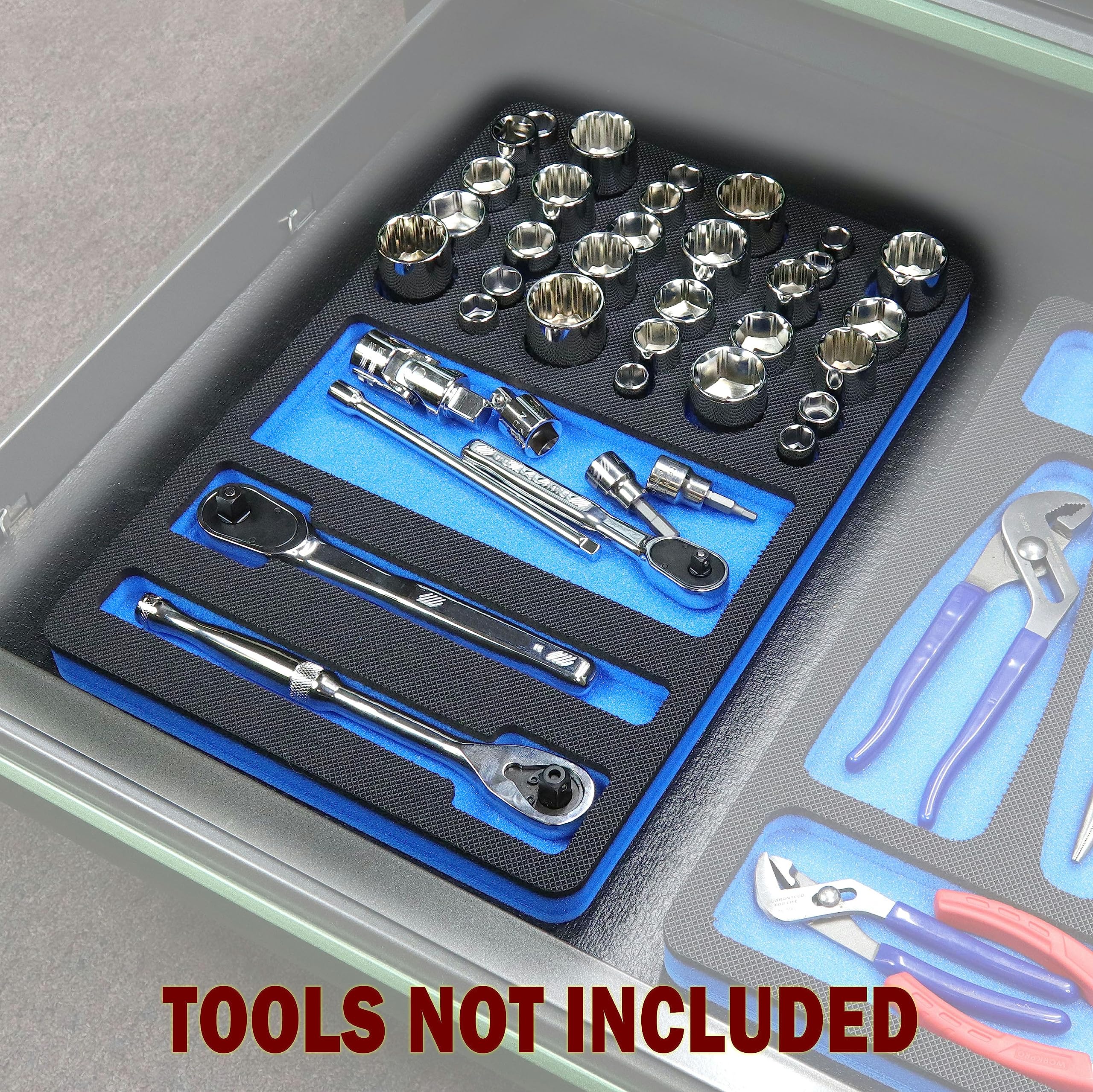 Polar Whale Tool Drawer Organizer Socket Holder Insert Blue and Black Durable Foam Strong Tray 15 x 10 Inches Holds 30 Sockets and More Fits Craftsman Husky Kobalt Milwaukee and Many Others