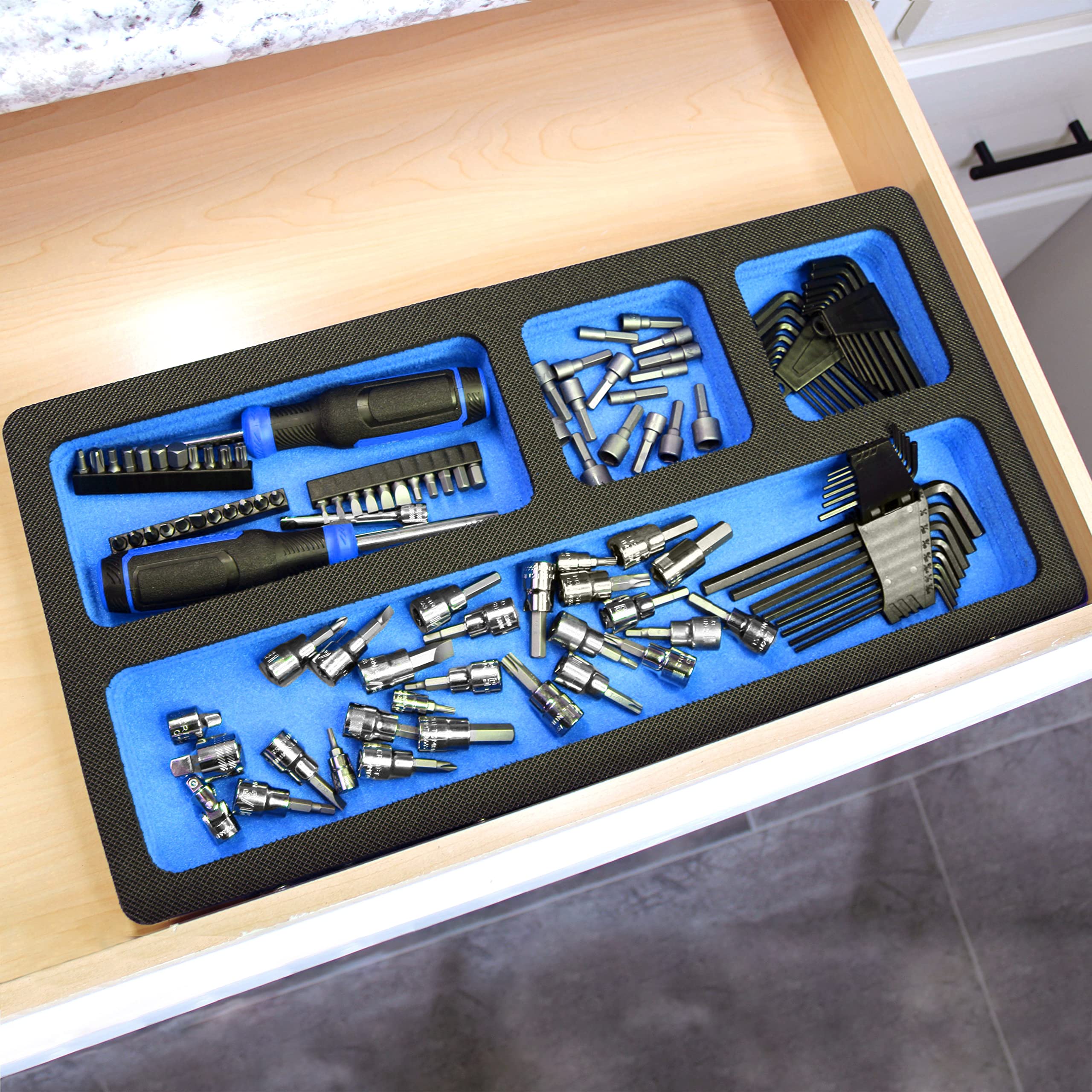 Polar Whale Tool Drawer Organizer Insert Blue and Black Durable Foam Strong Non-Slip Anti-Rattle Bin Holder Tray 20 x 10 Inches 4 Pockets Fits Craftsman Husky Kobalt Milwaukee and Many Others