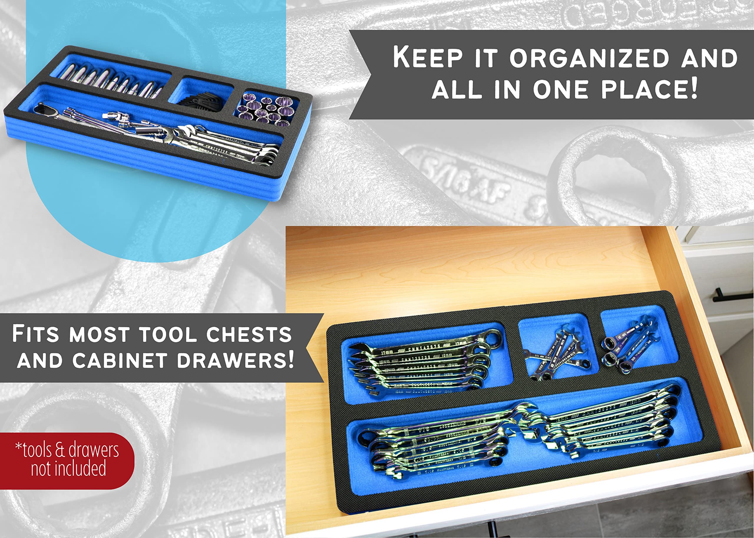 Polar Whale Tool Drawer Organizer Insert Blue and Black Durable Foam Strong Non-Slip Anti-Rattle Bin Holder Tray 20 x 10 Inches 4 Pockets Fits Craftsman Husky Kobalt Milwaukee and Many Others