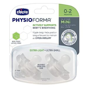 Chicco PhysioForma 100% Soft Silicone Mini One Piece Pacifier for Babies aged 0-2 months | BPA & Latex Free | Reusable Sterilizing Case | Clear, 2pk