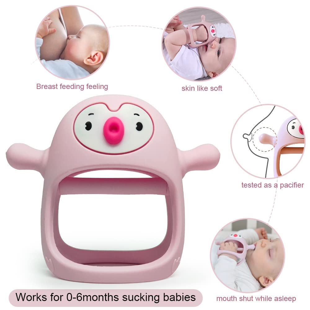 Smily Mia Penguin Buddy Never Drop Silicone Baby Teething Toy for 0-6month Infants, Baby Chew Toys for Sucking Needs, Hand Pacifier for Breast Feeding Babies, Car Seat Toy for New Born,Old Roze