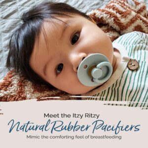 Itzy Ritzy Natural Rubber Pacifiers, Set of 2 – Natural Rubber Newborn Pacifiers with Cherry-Shaped Nipple & Large Air Holes for Added Safety; Set of 2 in Harbor & Coast, Ages 0 – 6 Months