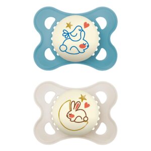 mam night pacifiers 0-6 months, best for breastfed babies, glow in the dark, baby boy, 2 count