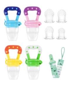 baby fruit feeder, baby food feeder,teething pacifier (4 pack), baby fruit pacifier feeder, soft safe bpa-free silicone pouches, training massaging toy teether