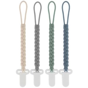 4-pack silicone pacifier clips with a woven rope shape for baby boys and girls - flexible and rust-free holders for teething relief and baby essentials, safe for newborns (grey)